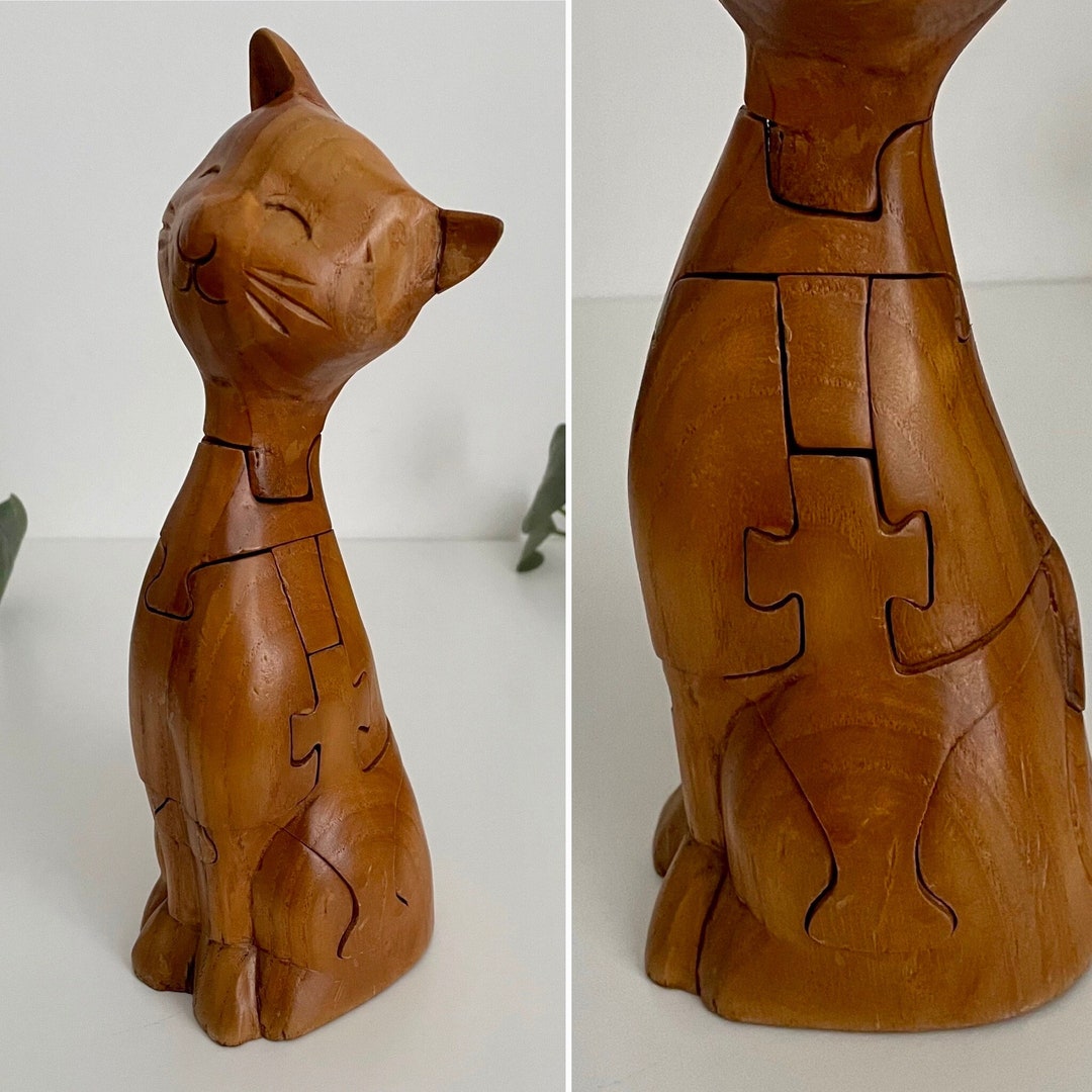 Vintage Long Neck Cat Figurine, Hand Carved Wood Interlocking Puzzle ...