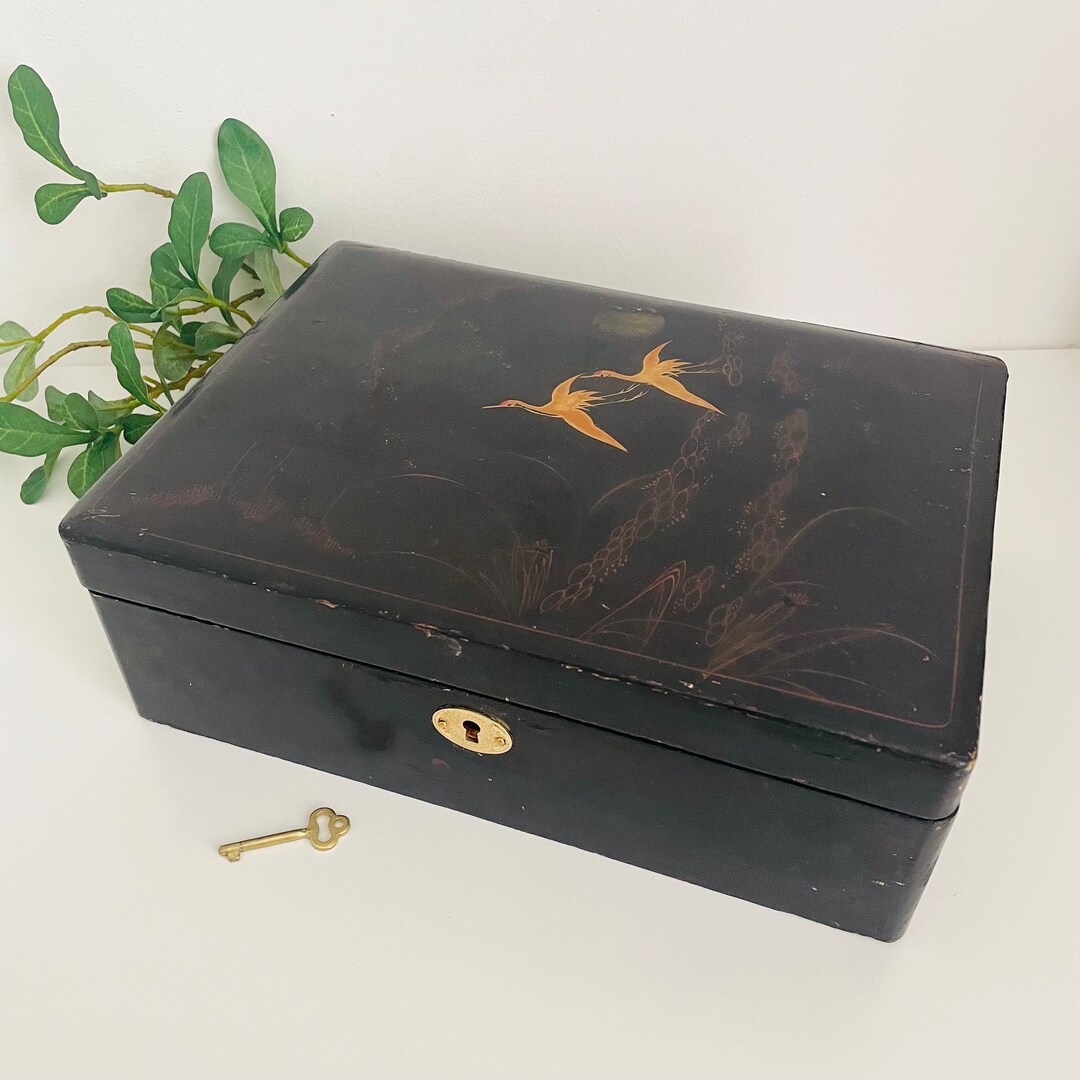 Vintage Black Lacquered Wood Box With Key, Cranes in Flight, Large ...