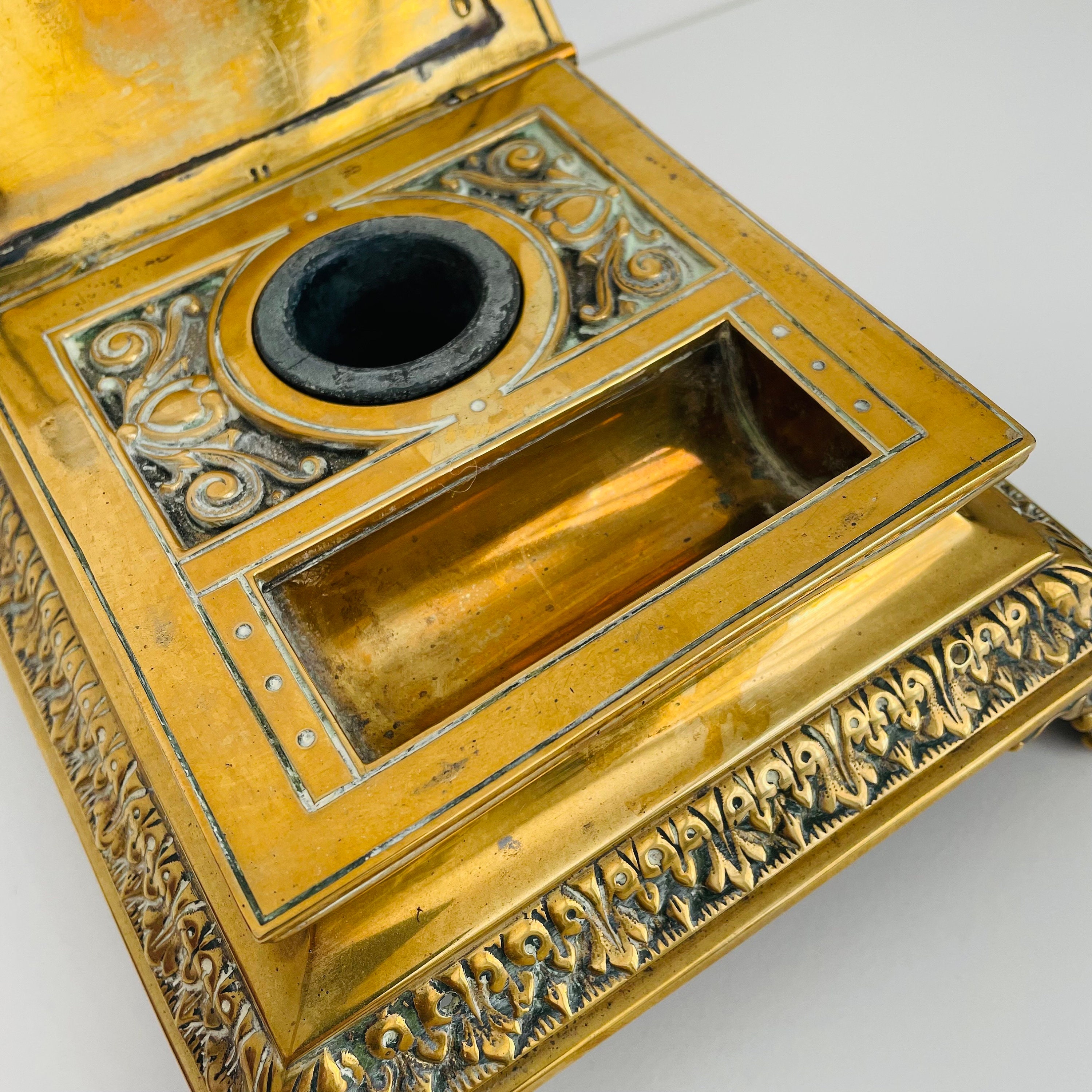 Antique 1890s Victorian Brass Desk Inkwell, William Tonks & Son, With ...