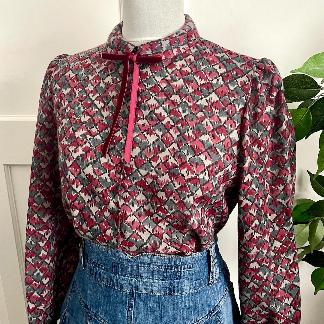 Vintage Blouse 14-16 Burgundy With Velvet Ribbon Neck Bow Tie, Puff ...