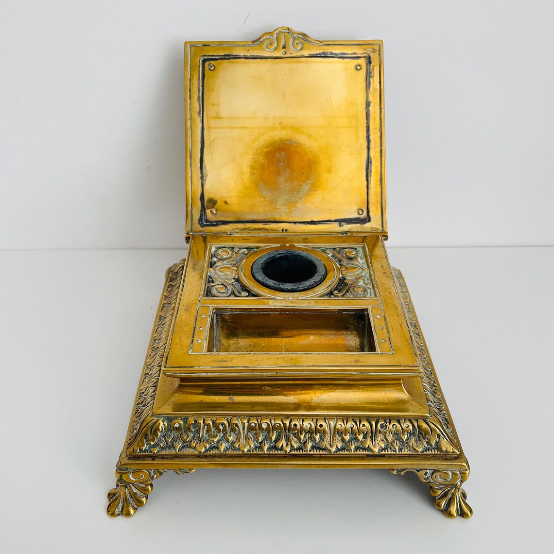Antique 1890s Victorian Brass Desk Inkwell, William Tonks & Son, With ...
