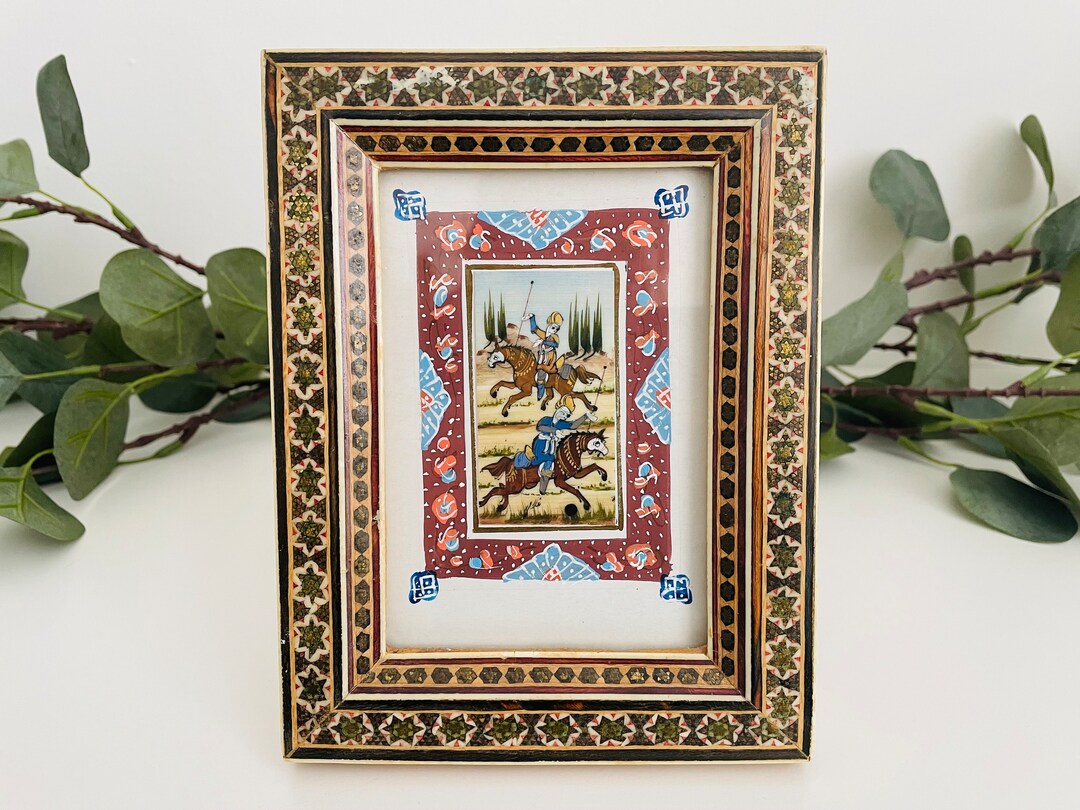 Vintage Khatam Kari Mosaic Frame Persian Hand Painted Hunting Scene ...