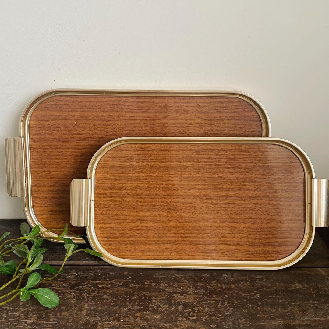 Vintage Serving Trays 60s/70s Wood Effect & Gold Metal Trim, Mid ...
