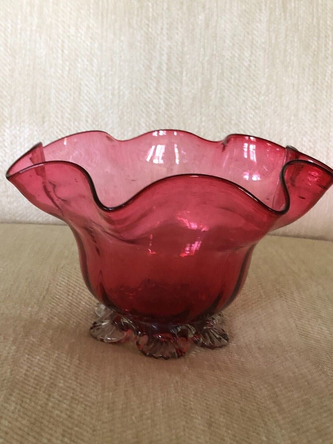 Antique Candy Dish, 1860 English Cranberry Art Glass, Mouth Blown ...