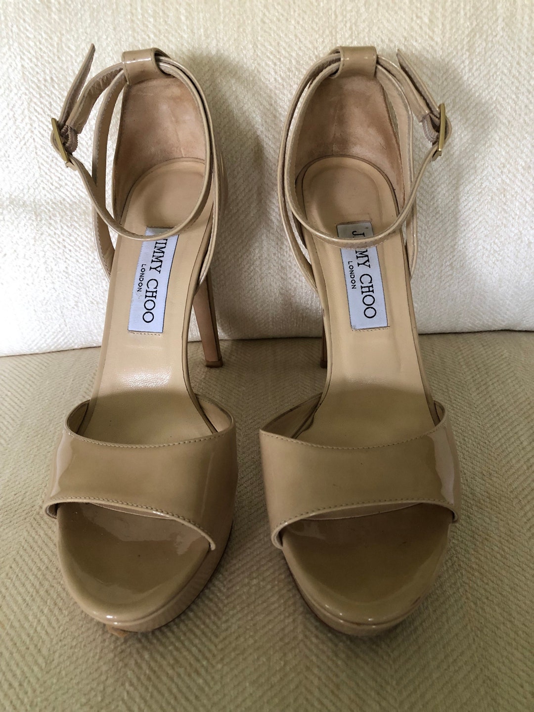 Jimmy CHOO Tan Patent Kayden Heels, Platform, Open Toe, Ankle Strap ...