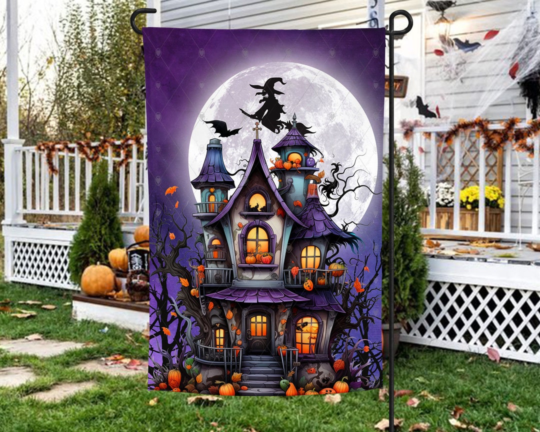 Haunted House Halloween Garden Flag: Witch & Pumpkins (digital PNG) - Etsy