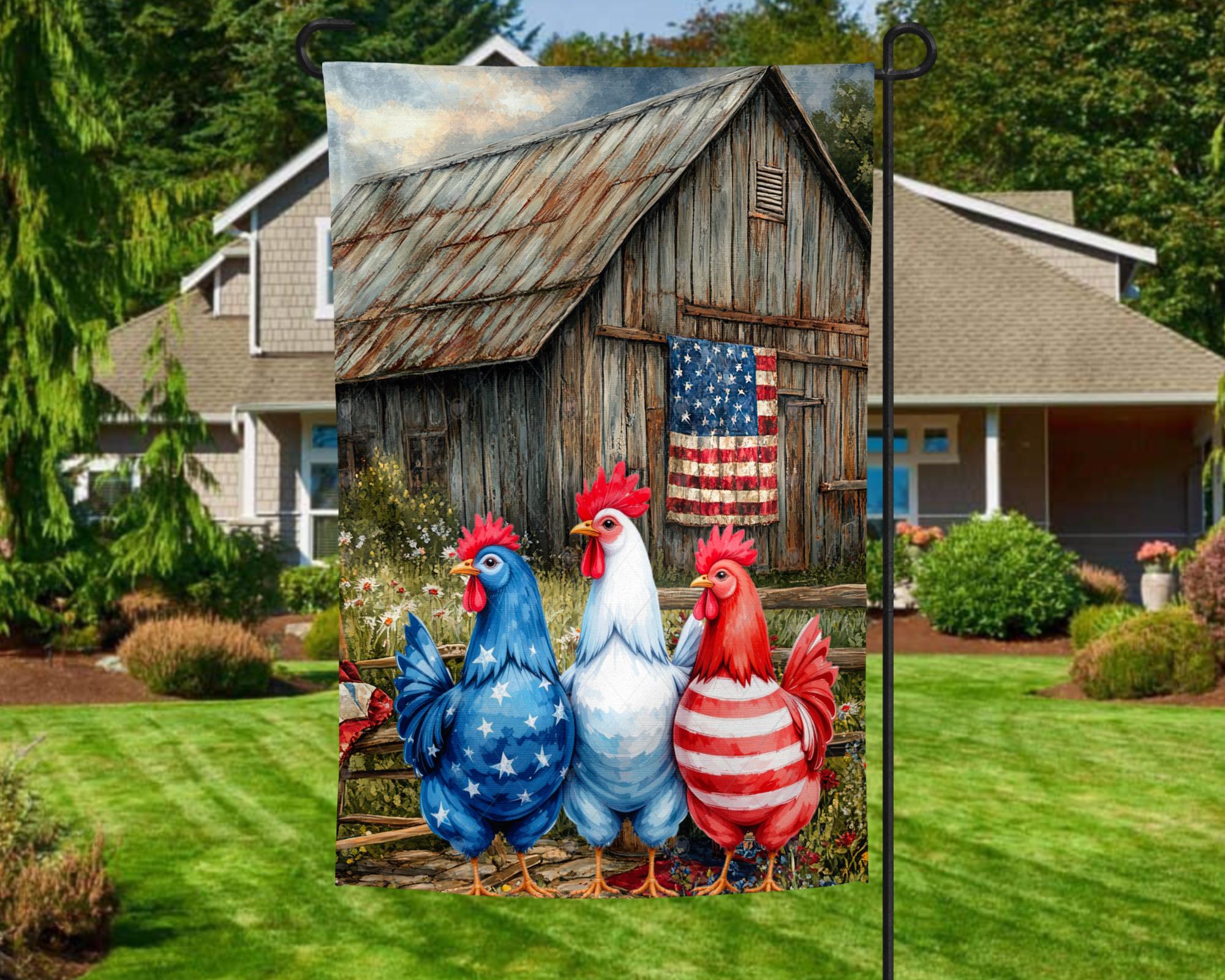 Patriotic Chicken Garden Flag: Vintage Barn Design (digital PNG ...