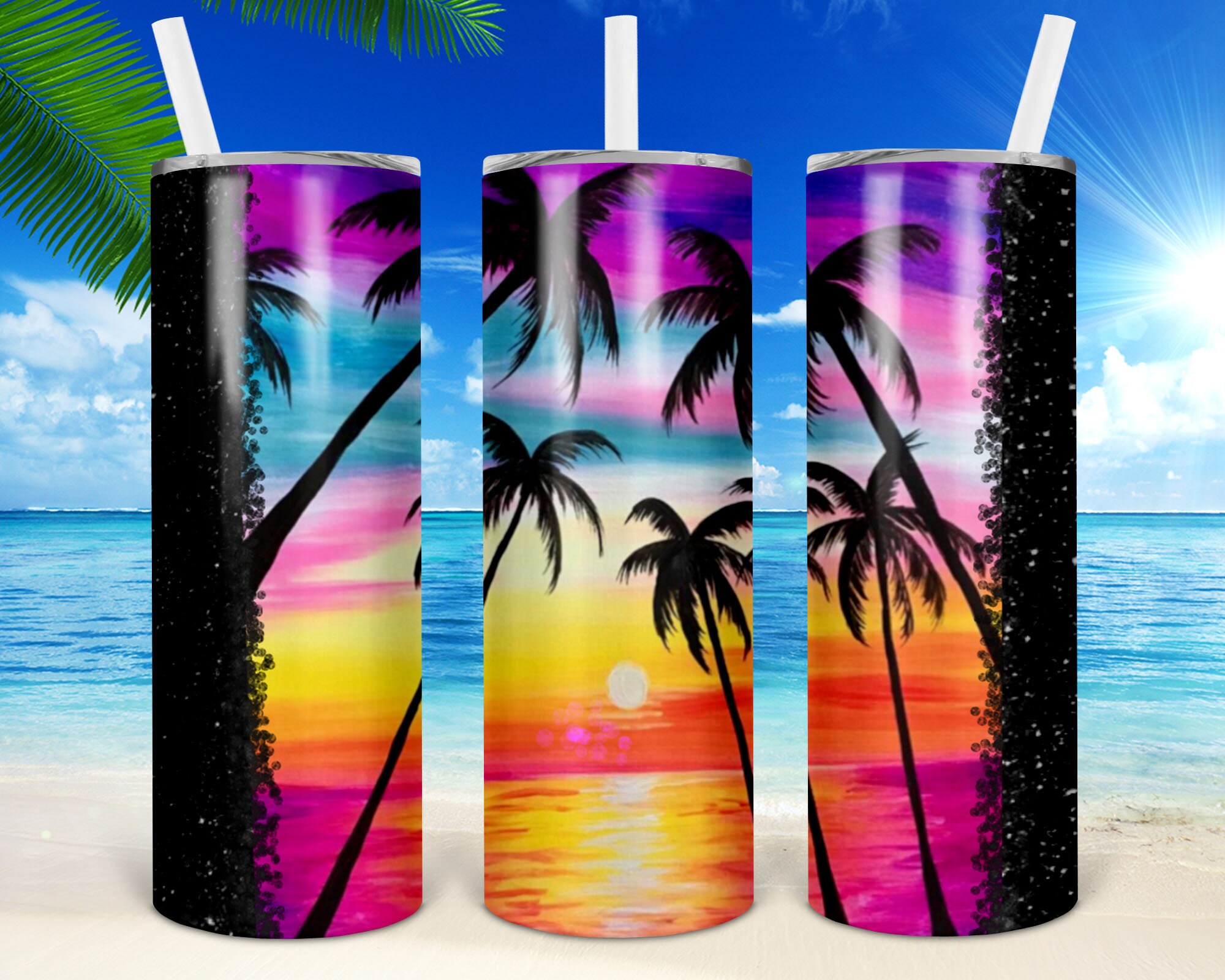 BeachSunsetGlitter20 oz Skinny TumblerSublimation | Etsy
