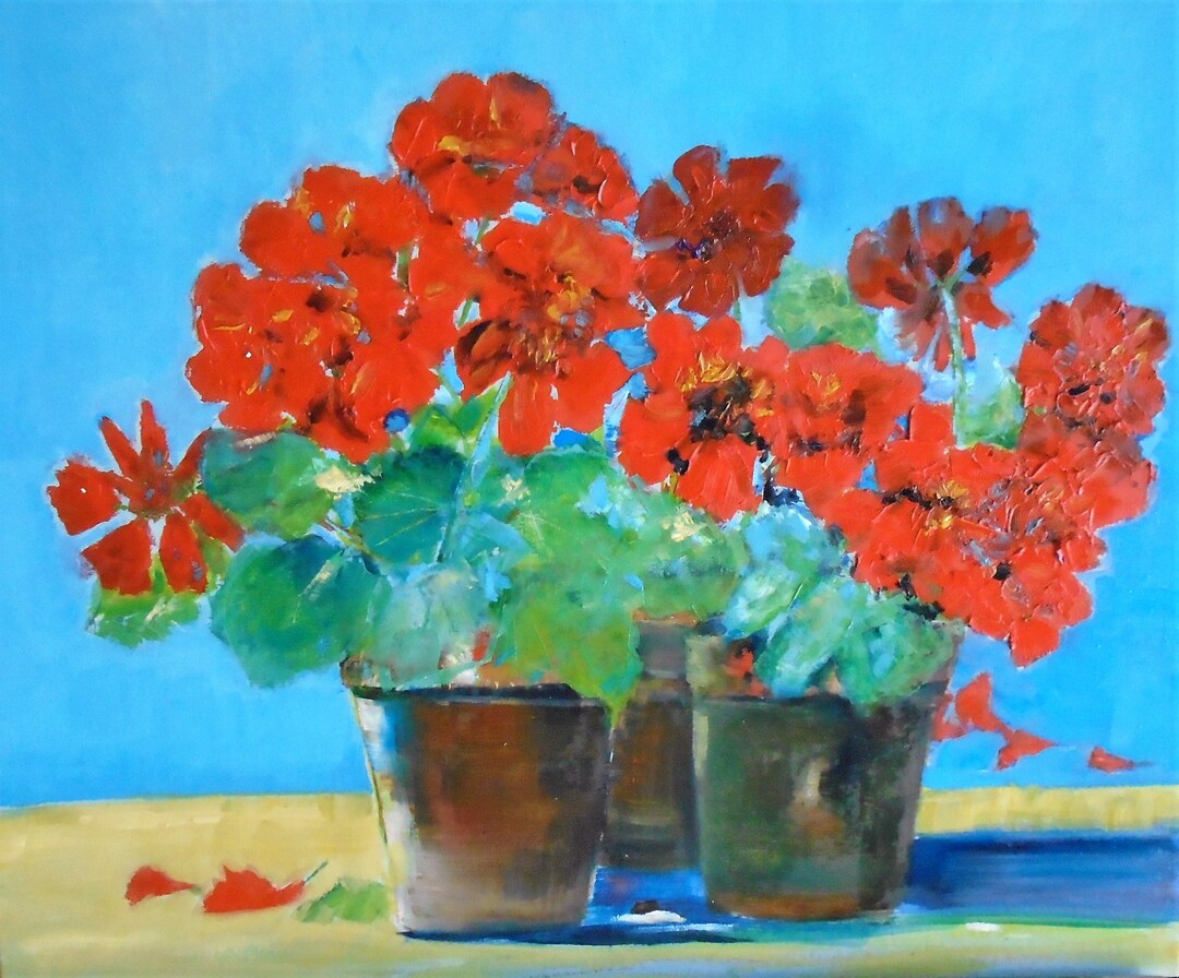 Red Geraniums, Oil Painting on a Rigid Canvas Board, 2018, Mother's Day ...