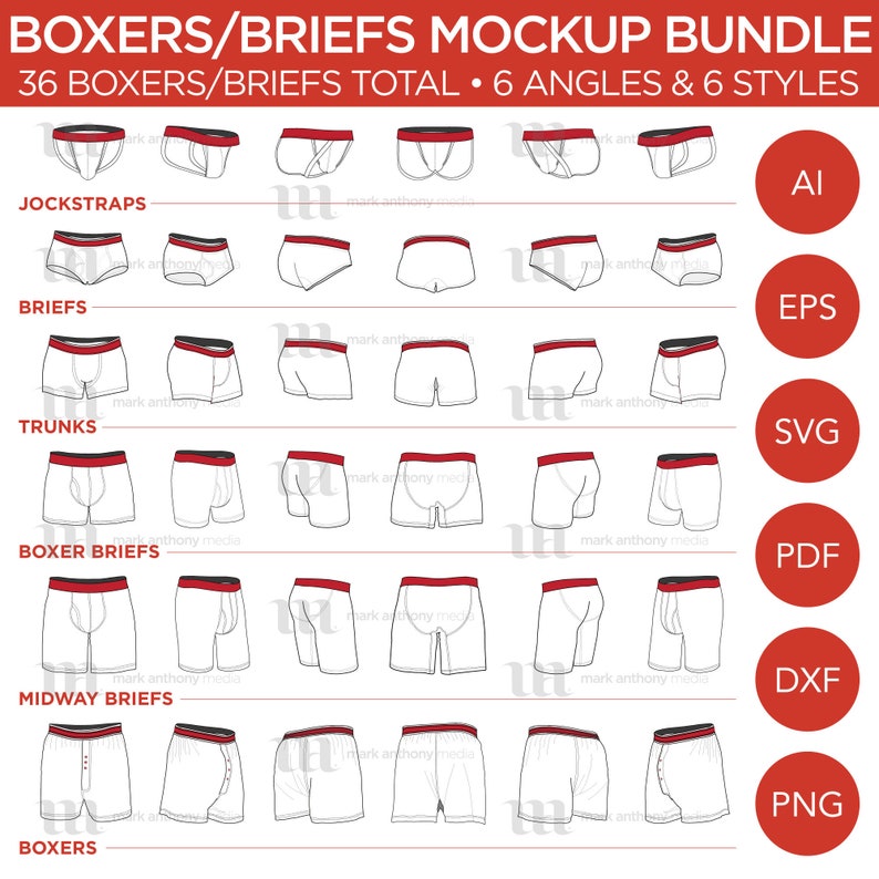 Boxers/briefs Bundle Mockup and Template, 36 Total, 6 Angles, 6 Styles ...