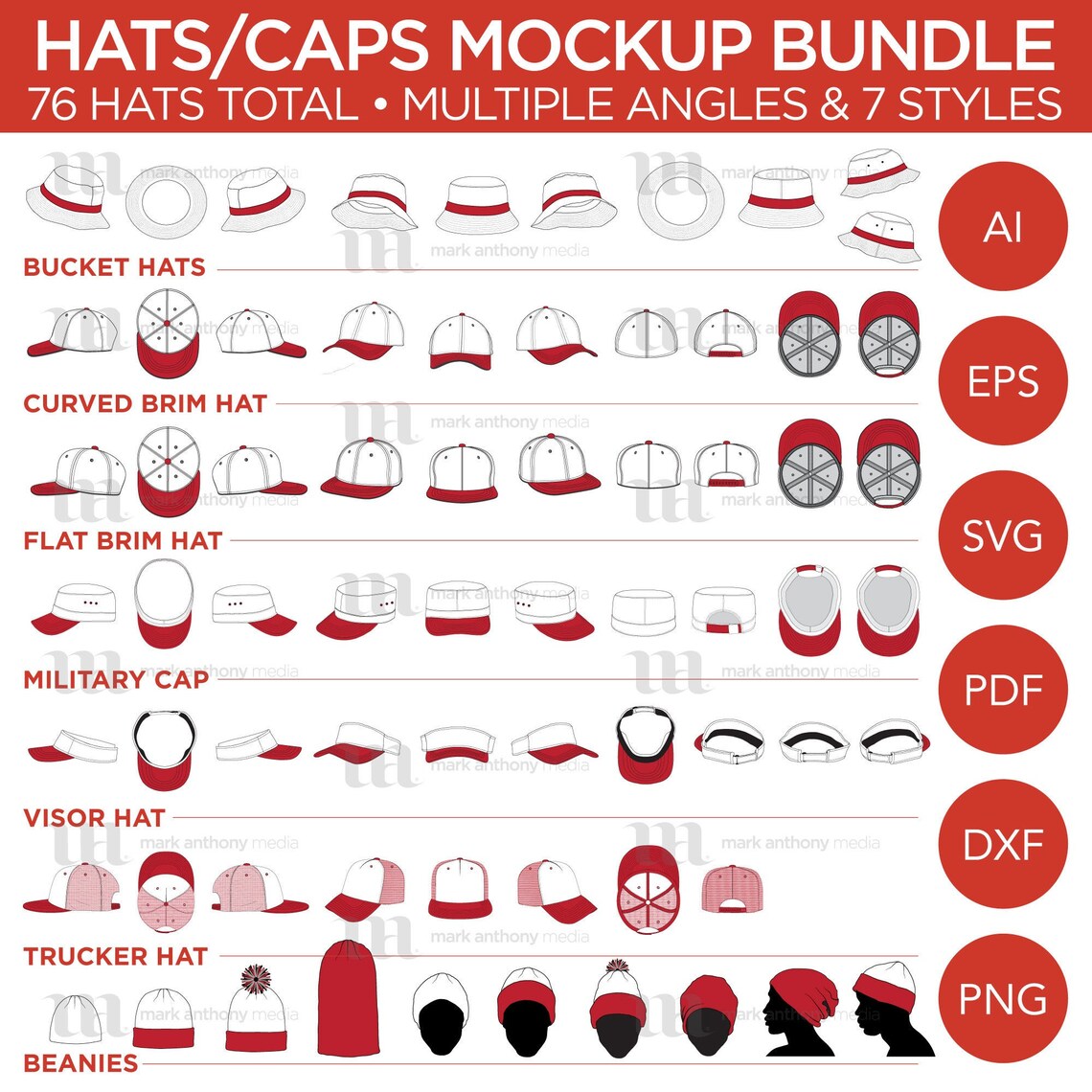 Hats/caps Bundle Mockup and Template 76 Hats, Multiple Angles, 7 Styles ...