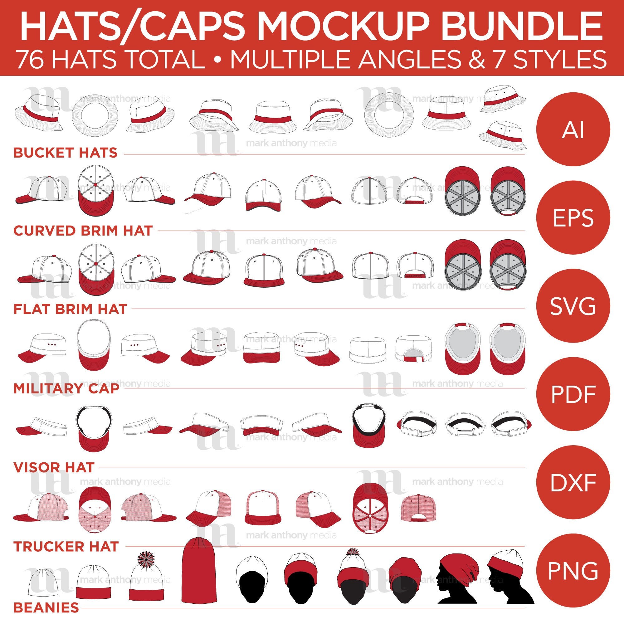 Hats/caps Bundle Mockup and Template 76 Hats, Multiple Angles, 7 Styles ...