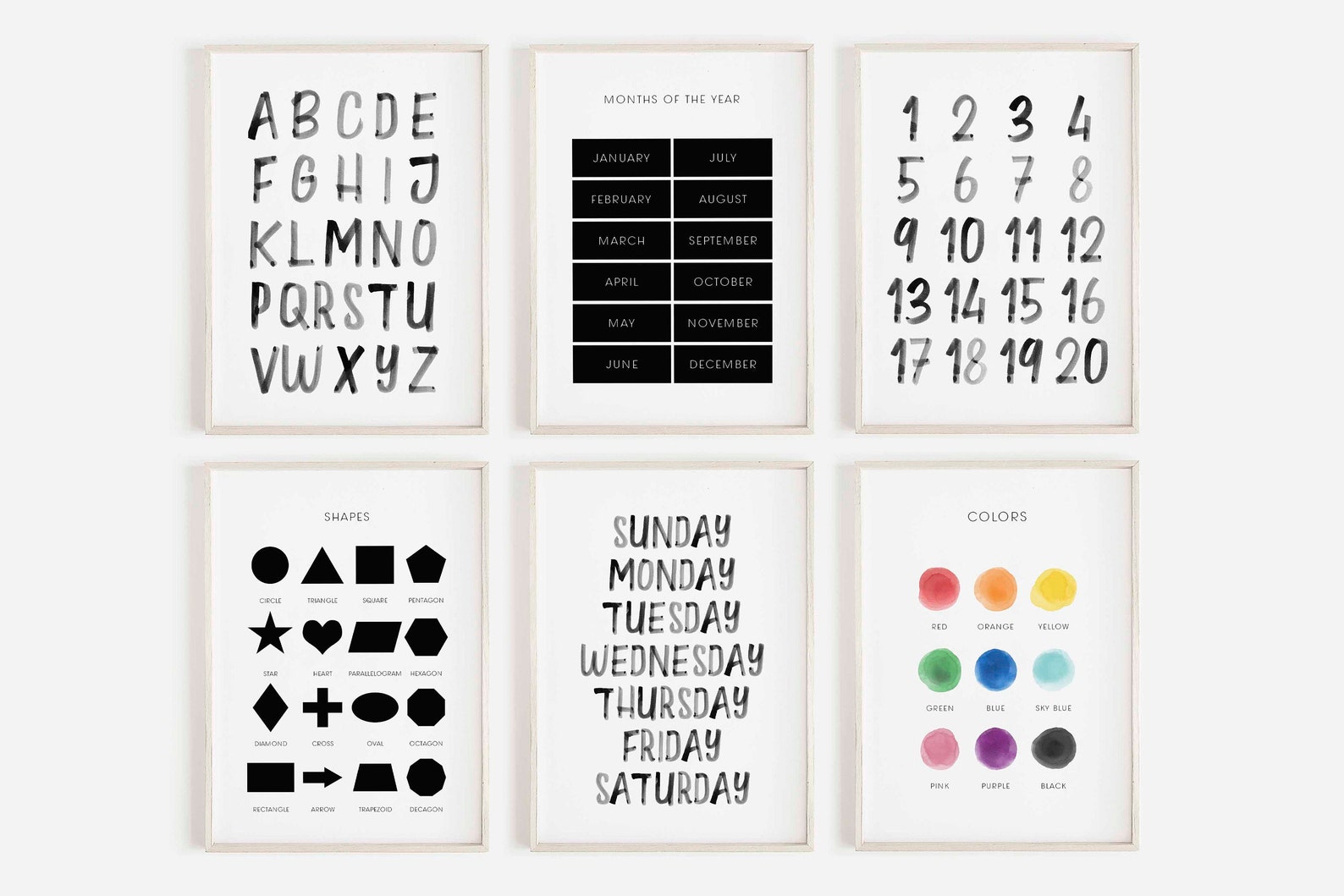 Alphabet Posters Set of 6 Black Alphabet Print Days of Week - Etsy
