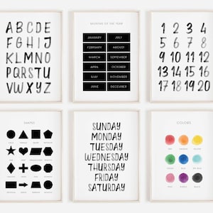 Alphabet Posters Set of 6, Black Alphabet Print, Days of Week, Numbers ...