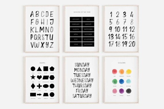 Alphabet Posters Set of 6 Black Alphabet Print Days of Week - Etsy