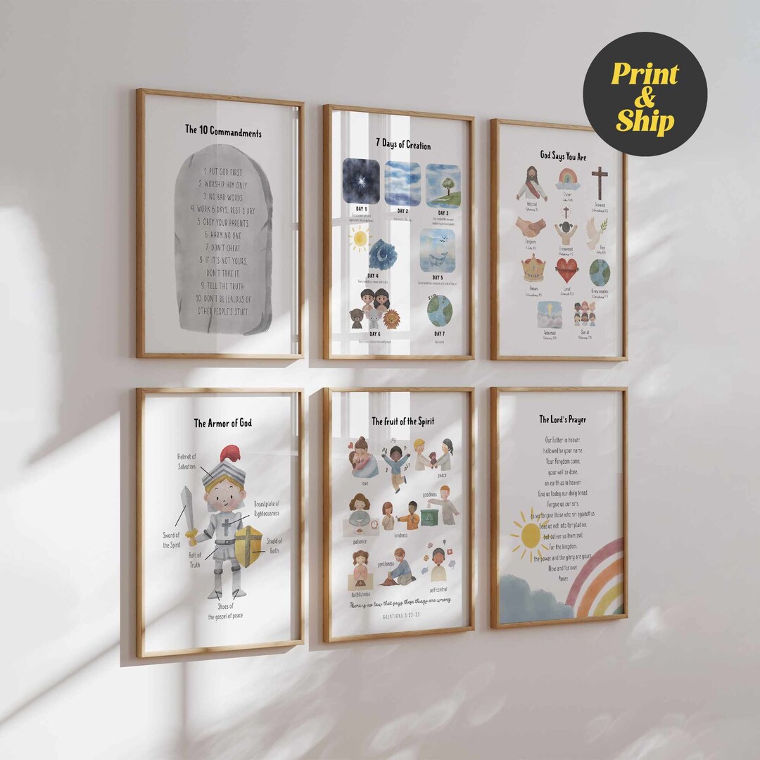 Set of 6 Christian Sunday School Wall Art Bundle, Physical Print ...