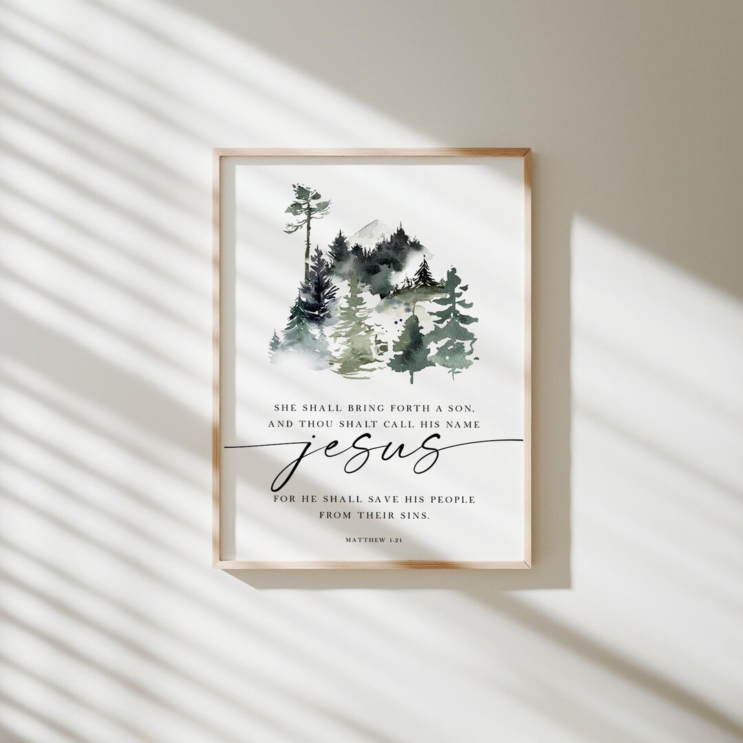 Matthew 1:21 Print, Printable Christmas Christian Wall Art, Watercolor ...