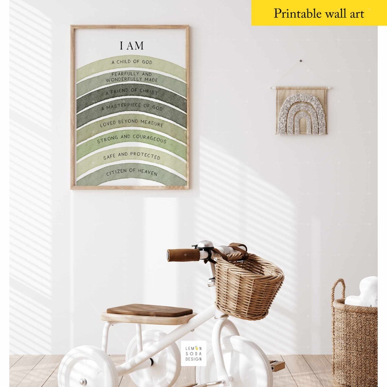 Christian Kids Rainbow Affirmation Print: Sage Green Watercolor ...