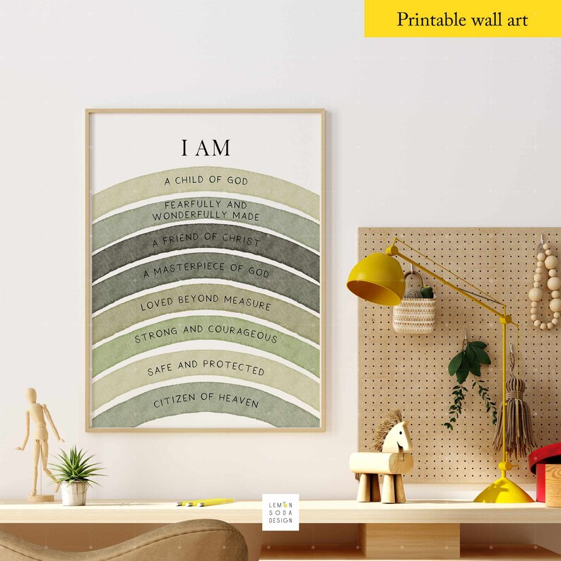 Christian Kids Rainbow Affirmation Print: Sage Green Watercolor ...
