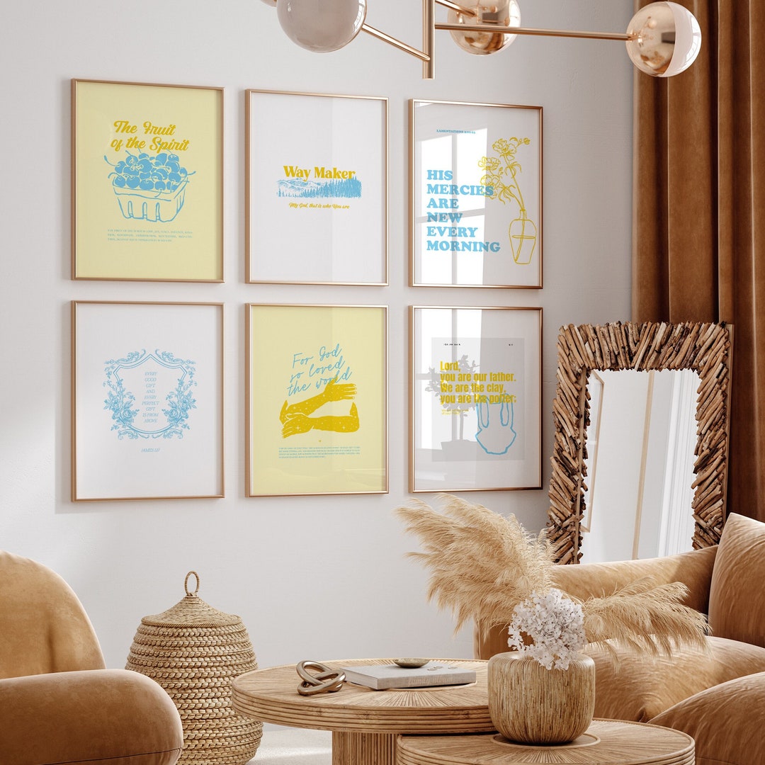 Blue Yellow Christian Bible Verse Wall Art Prints: Modern Scripture ...