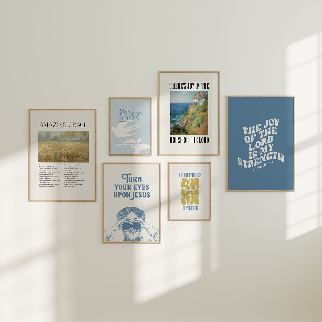 Modern Blue Christian Bible Verse Gallery Wall Art Set of 6, Trendy ...