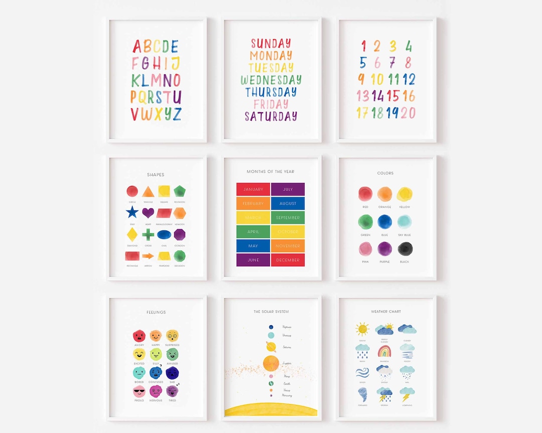 Vivid Colorful Alphabet Poster Set of 9, Rainbow ABC Printable Wall Art ...