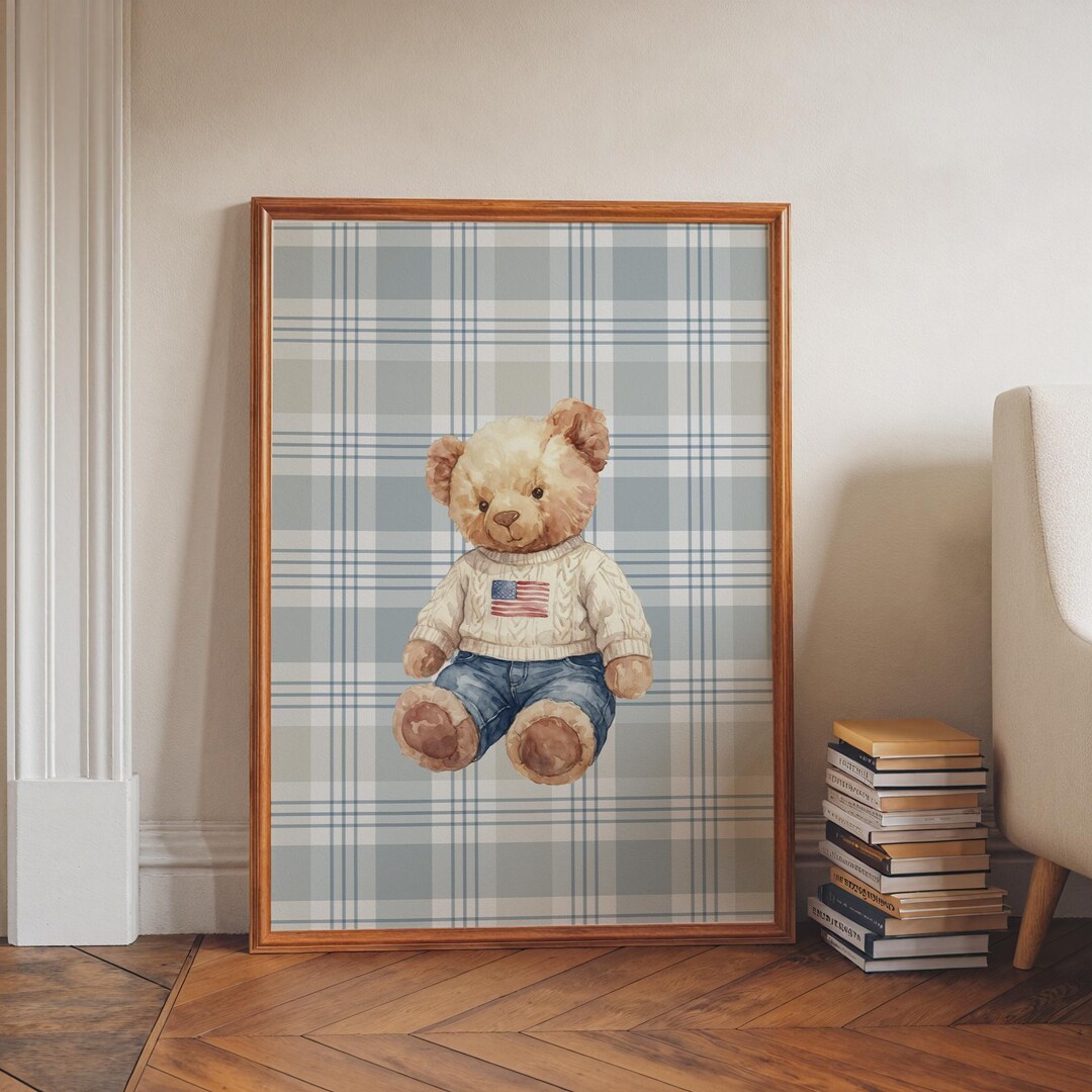 Preppy Teddy Bear Wall Art Gingham Plaid Polo Style Boys Nursery ...