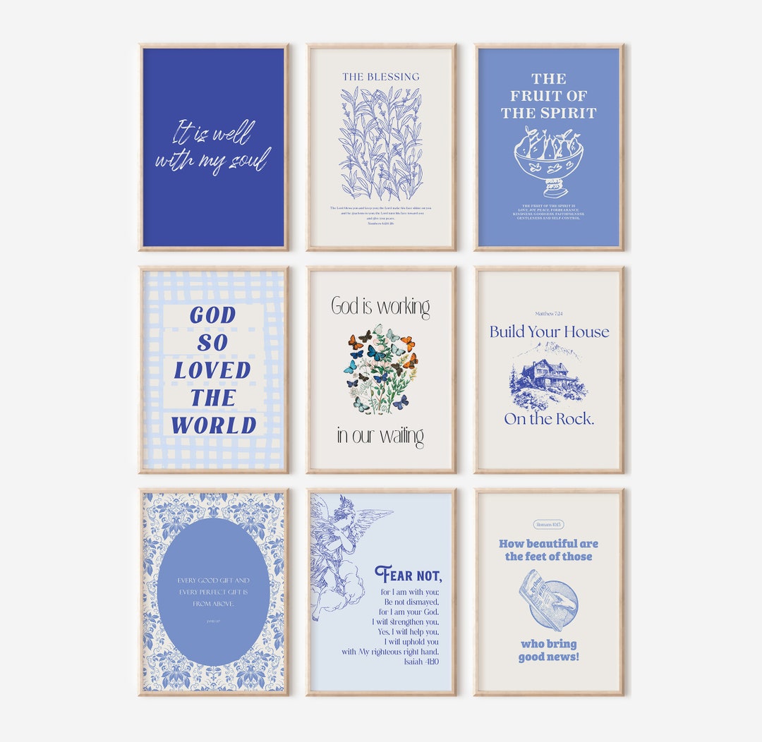 Modern Blue Christian Bible Verse Set of 9 Gallery Wall Decor, Dorm ...