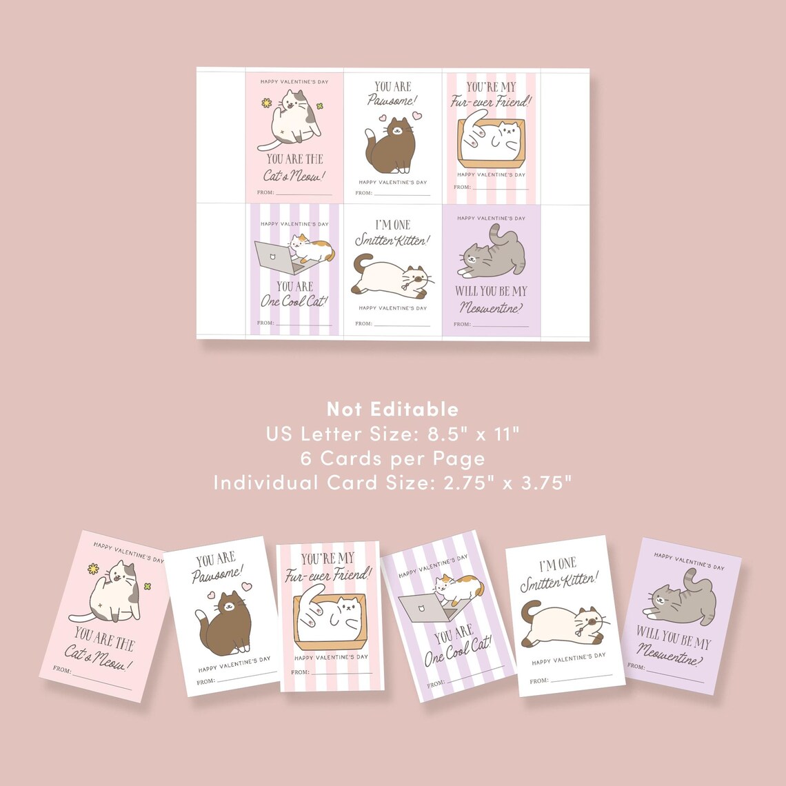 Cat Valentine's Day Cards for Kids, Printable Classroom Gift Exchange ...