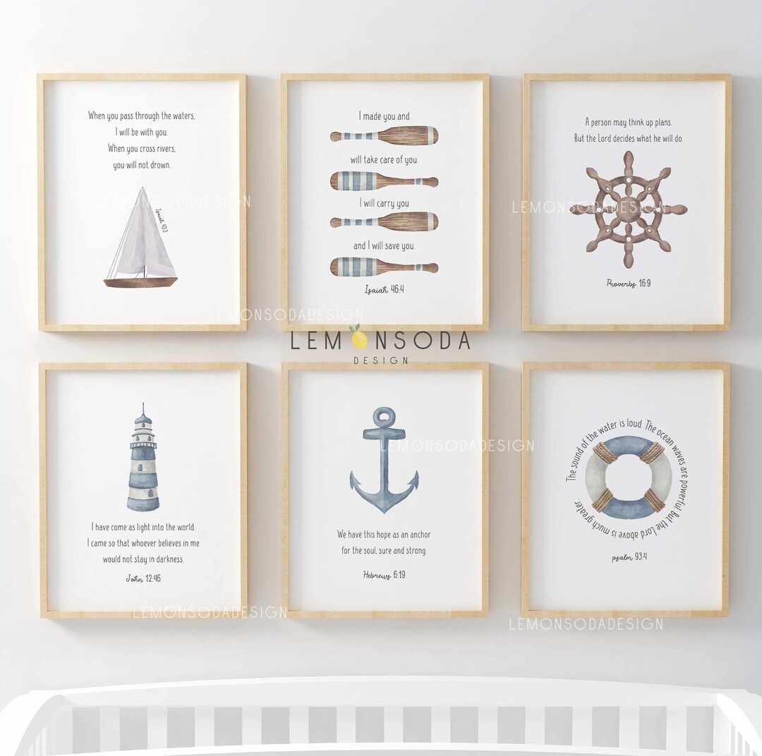 Nautical Kids Nursery Bible Set of 6, Printable Wall Art, Summer Sunday ...