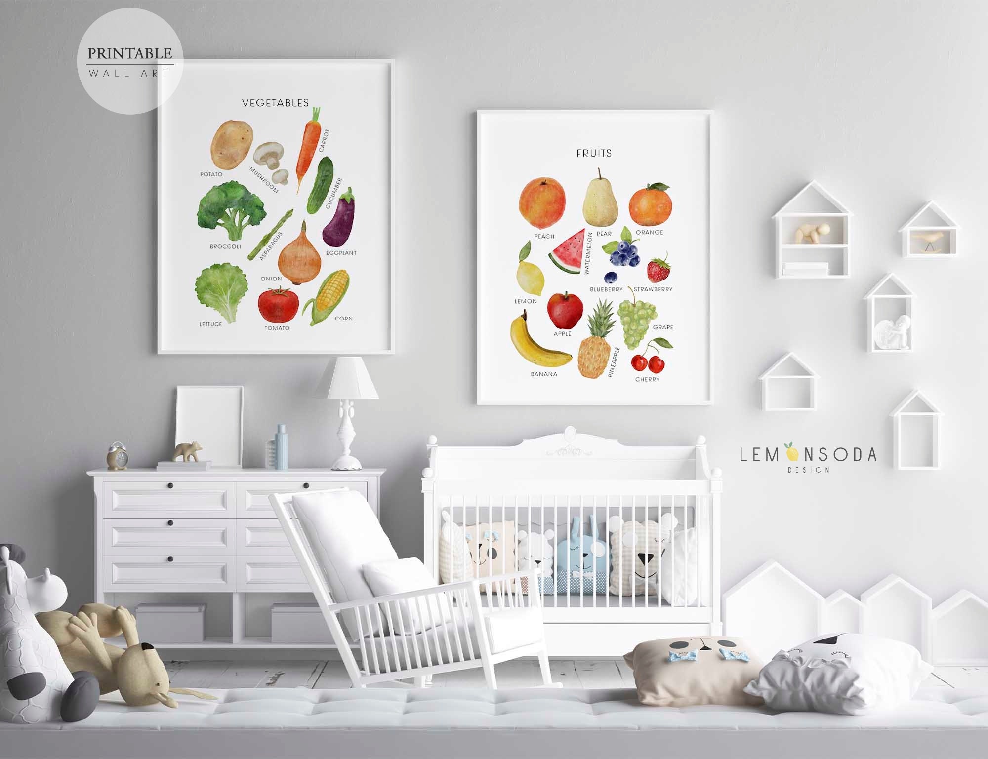 Fruits and Veggies Watercolor Prints: Educational Nursery Decor (set of ...