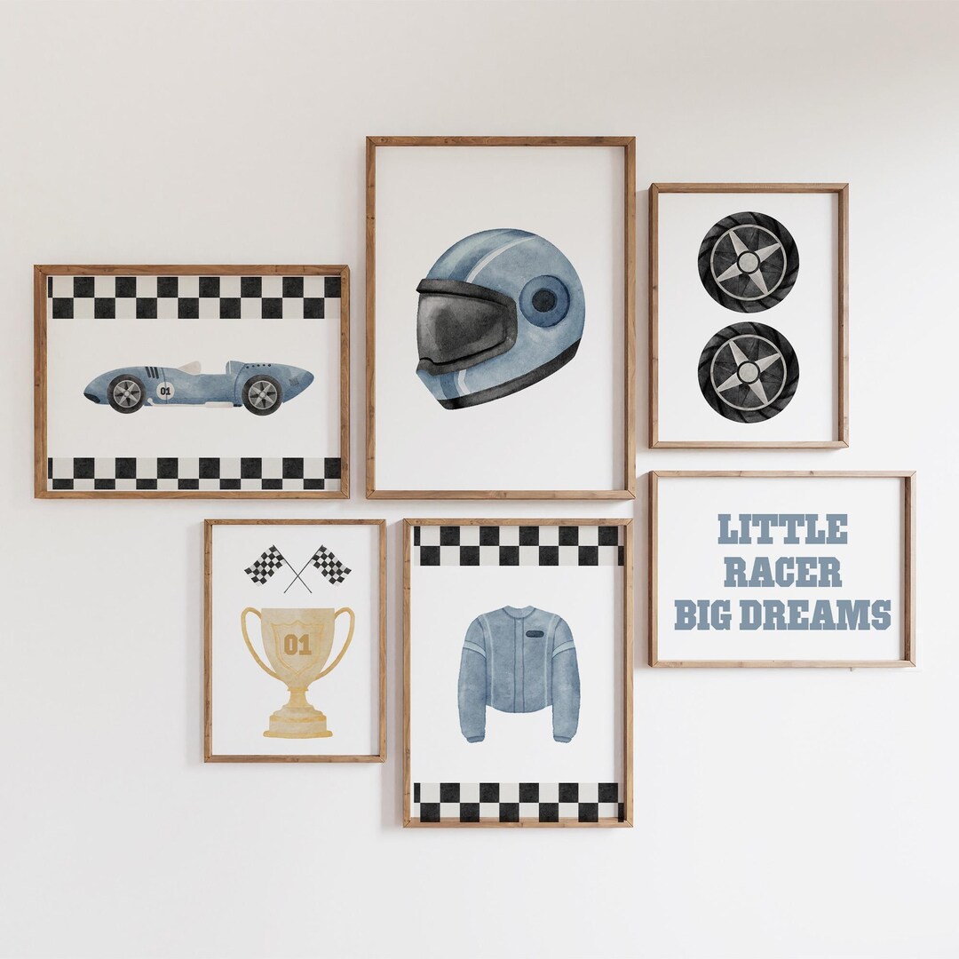 Blue Car Racer Vintage Nursery Gallery Wall Art, Racing Car Wall Art ...