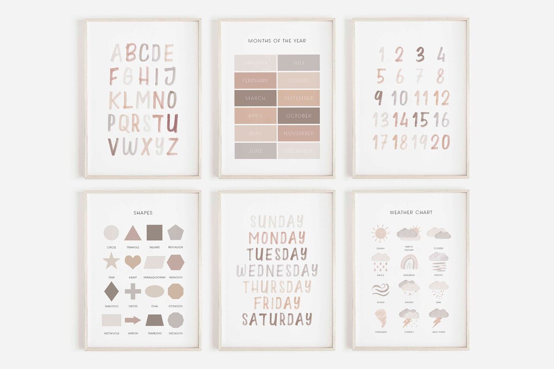 Set of 6 Neutral Alphabet Prints, Neutral Watercolor Educational Poster ...