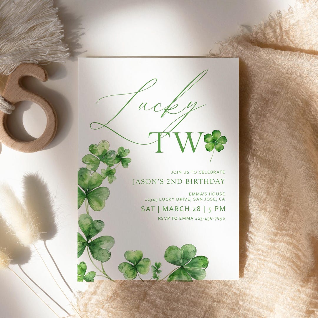 Lucky Two Birthday Invitation, Clover Irish St. Patrick's Second ...