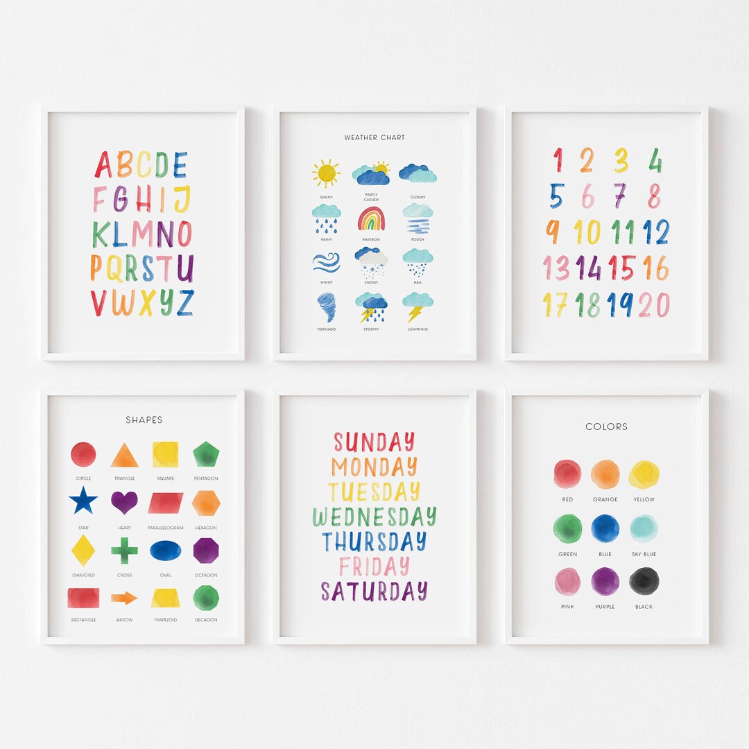 Set of 6 Educational Print, Watercolor Rainbow Nursery Decor, ABC ...
