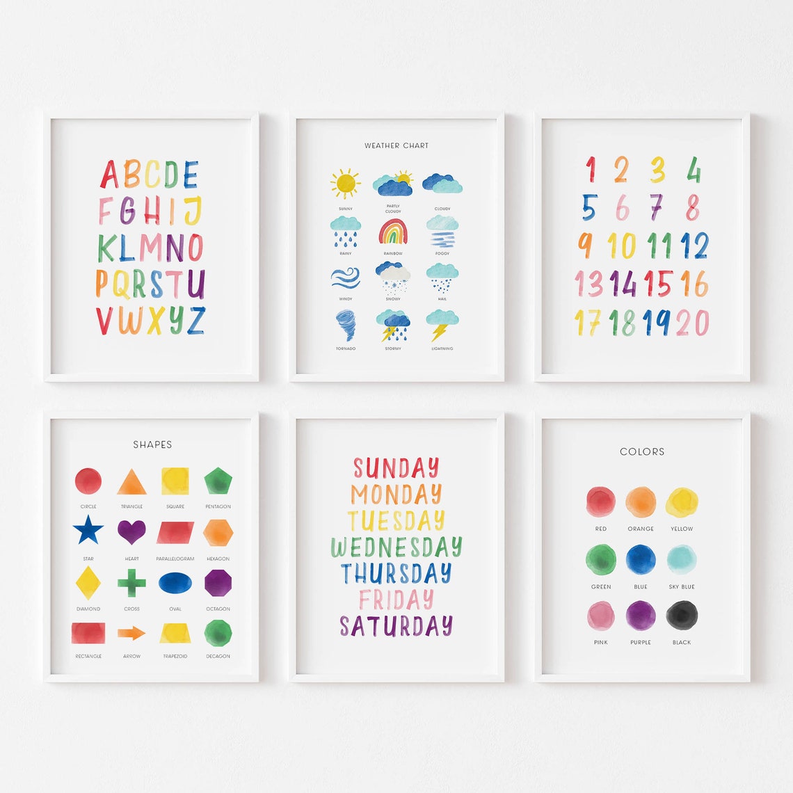 Set of 6 Educational Print Watercolor Rainbow Nursery Decor - Etsy