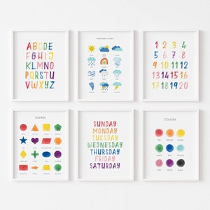 Set of 6 Educational Print, Watercolor Rainbow Nursery Decor, ABC ...