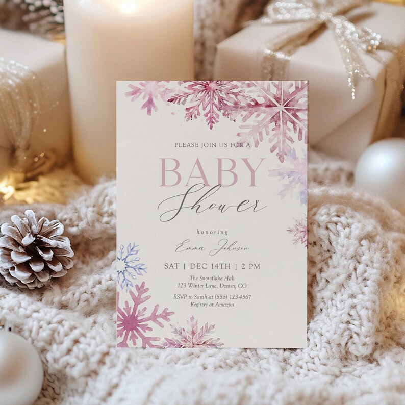Pink Snowflake Winter Baby Shower Invitation: Editable Template ...