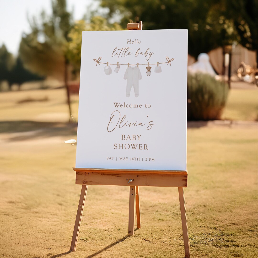 Neutral Hello Little Baby Shower Welcome Sign Template, Editable ...