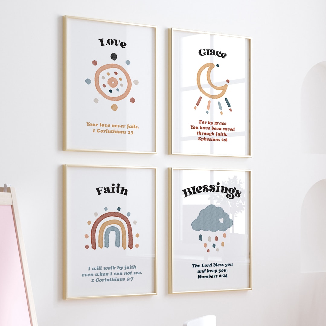 Kids Bible Verse Wall Art Set of 4, Boho Christian Kids Scripture ...