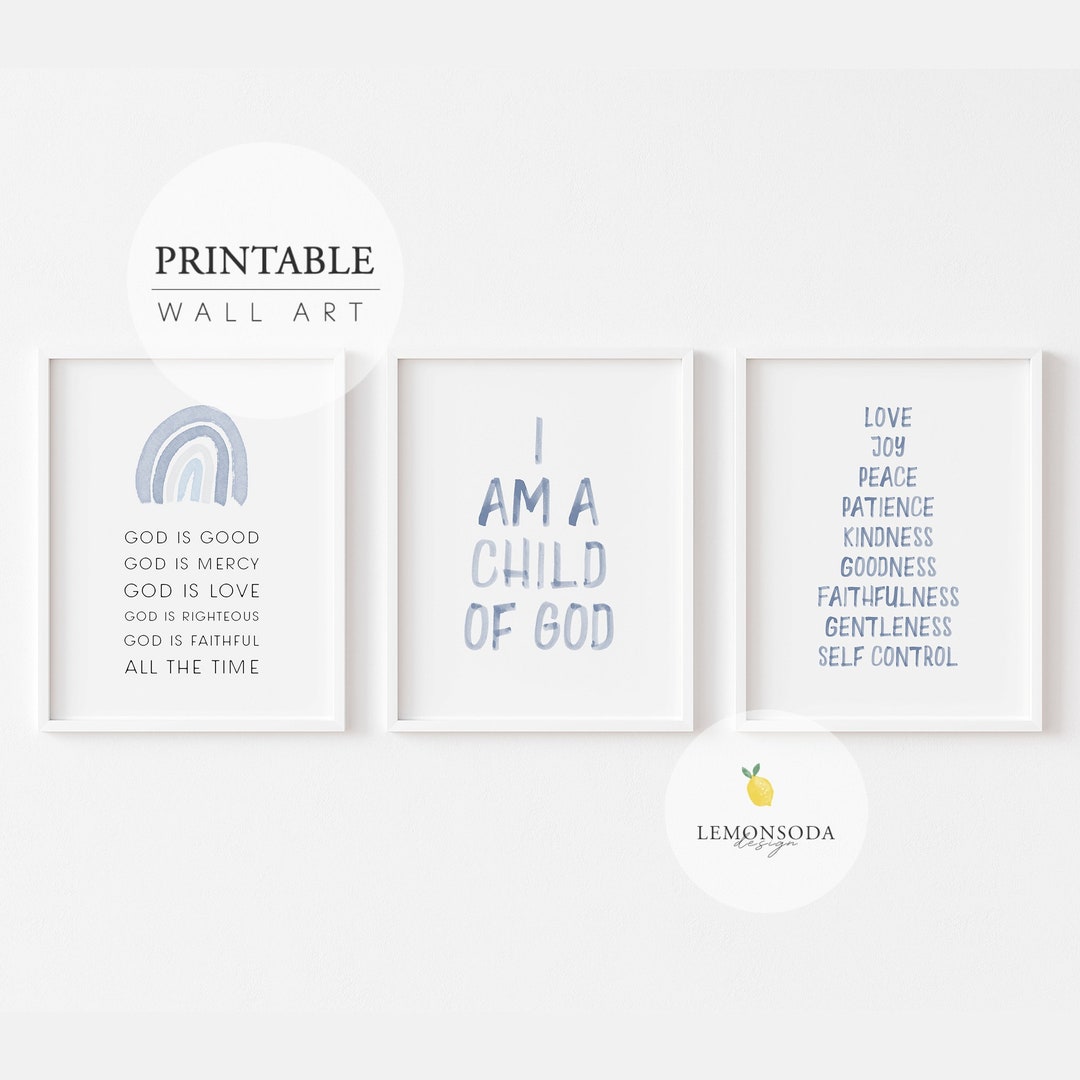 Set of 3 Blue Nursery Print, Bible Verse Wall Art, I Am a Child of God ...