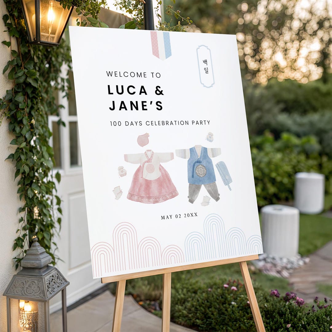 Korean Baek-il Welcome Sign, 100 Days Celebration Poster, Hanbok Twins ...