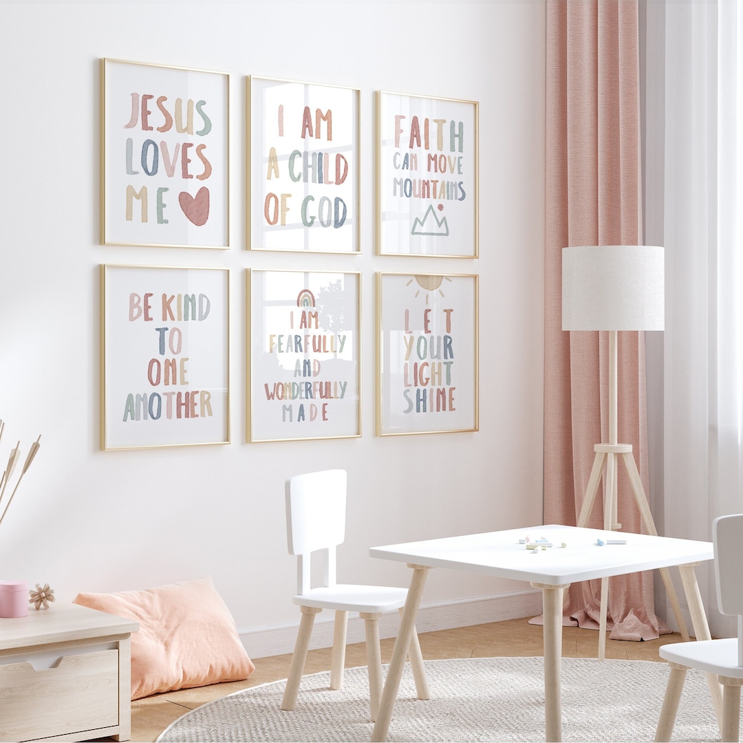 Christian Nursery Wall Decor, Pastel Boho Set of 6 Kids Bible Verse ...