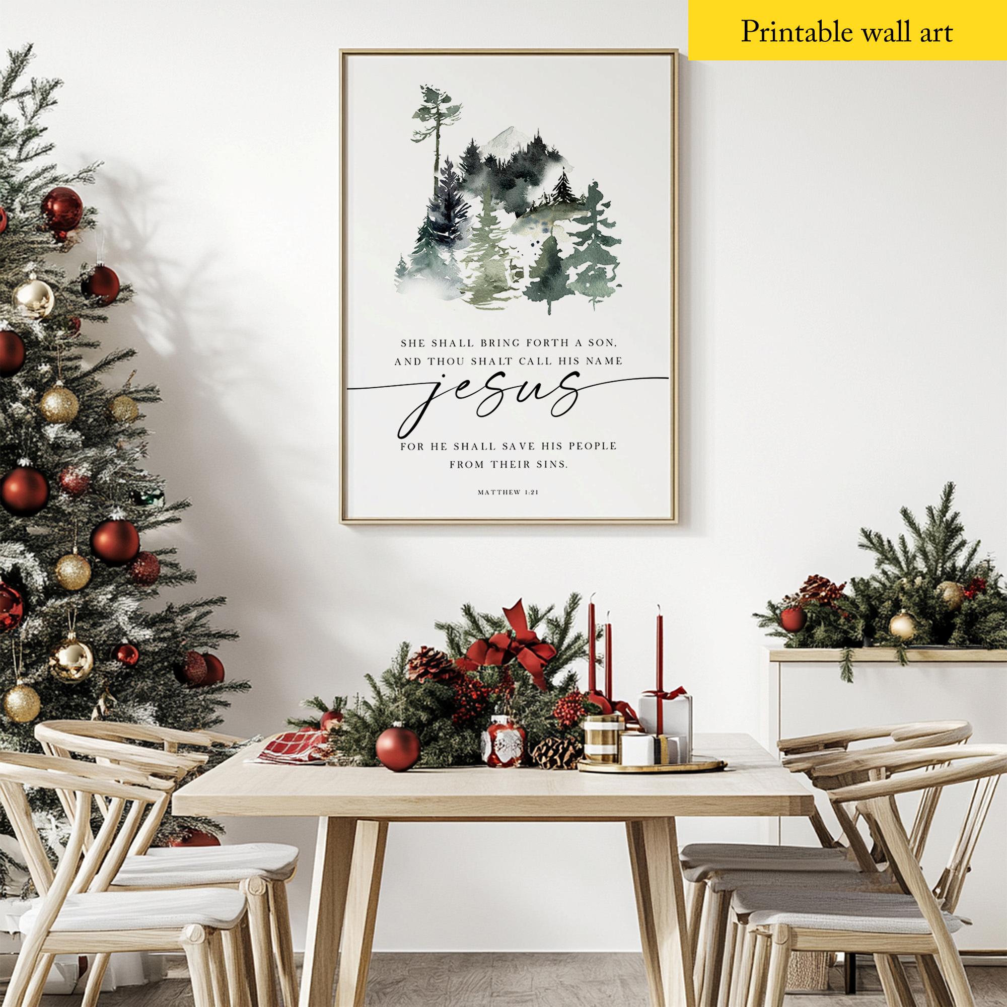 Matthew 1:21 Print, Printable Christmas Christian Wall Art, Watercolor ...