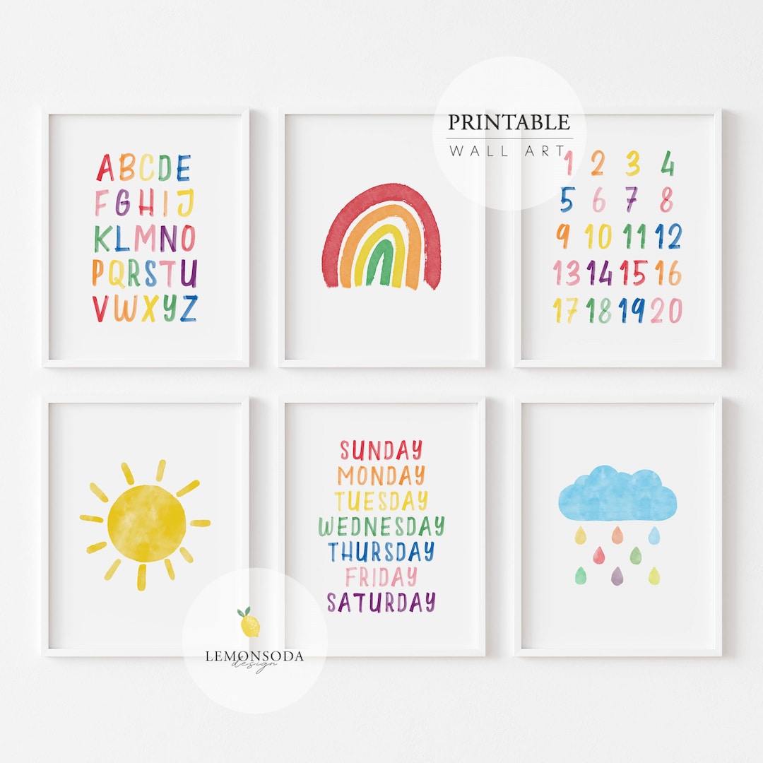 Educational Poster Set of 6, Alphabet Poster, Rainbow Nursery Decor ...