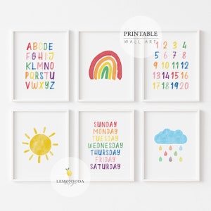 Educational Poster Set of 6, Alphabet Poster, Rainbow Nursery Decor ...