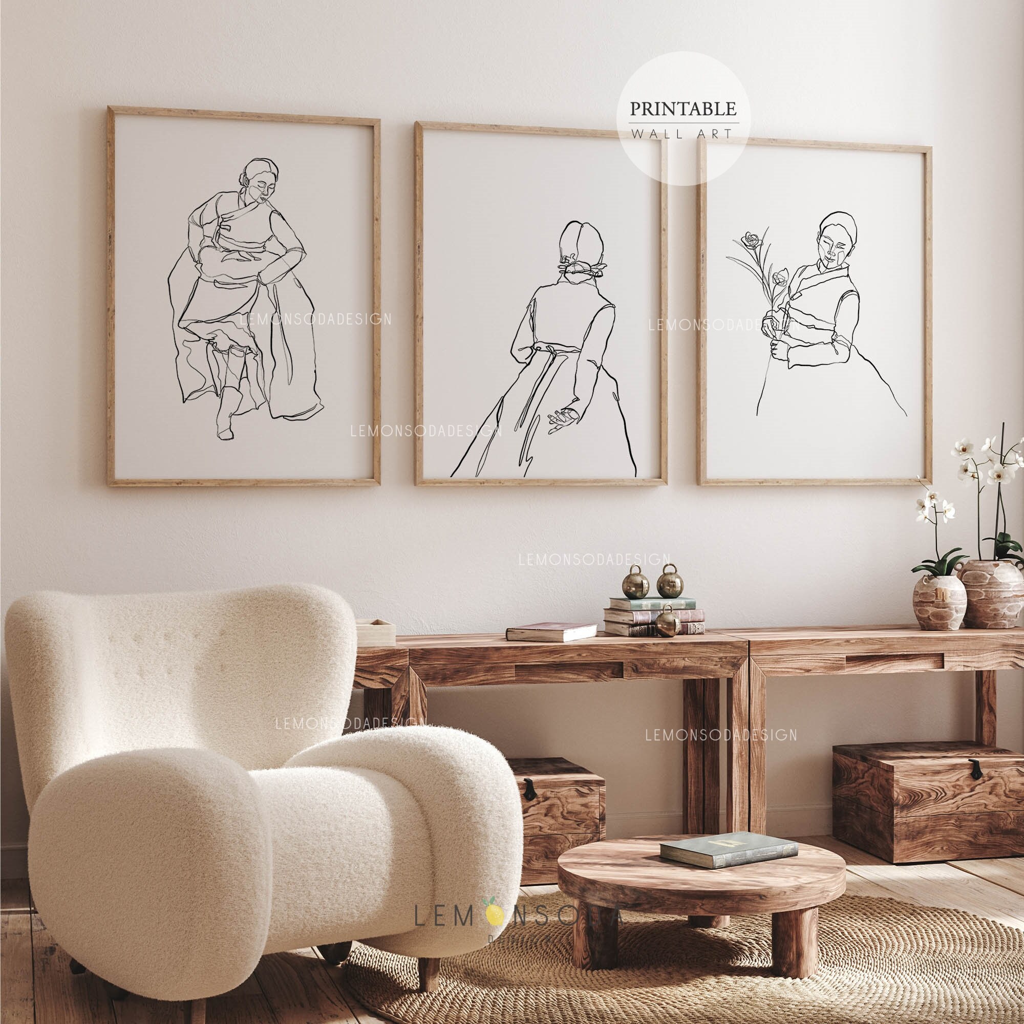 Set of 3 Korean Hanbok Prints Printable Minimal Line Drawing - Etsy