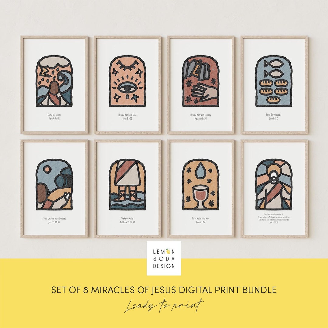 7 Miracles of Jesus Set of 8, Christian Educational Digital Print ...