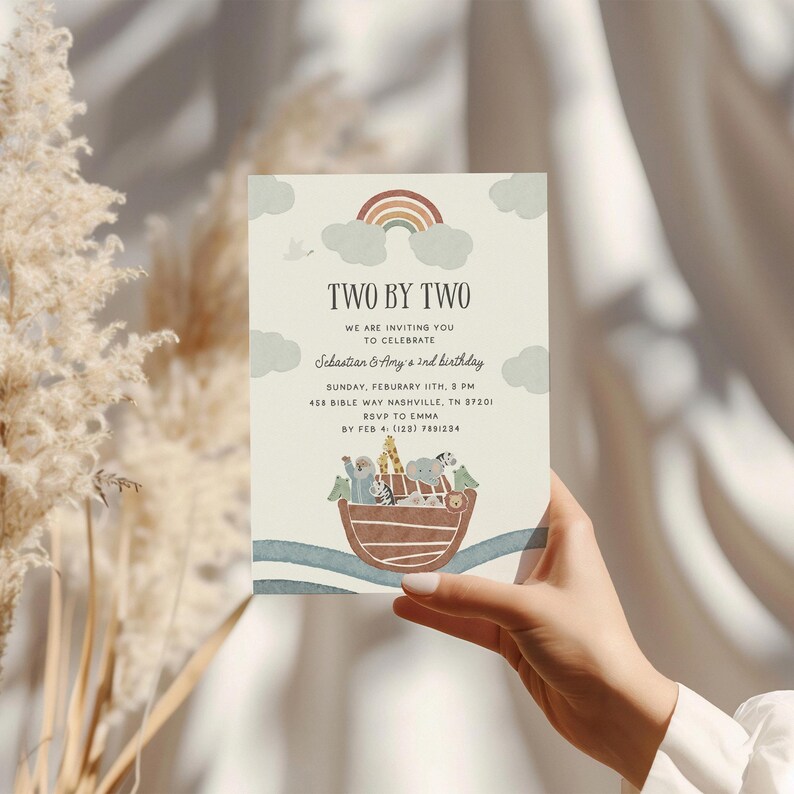 Noah’s Ark Twin Birthday Invitation, Christian Two by Two Editable ...
