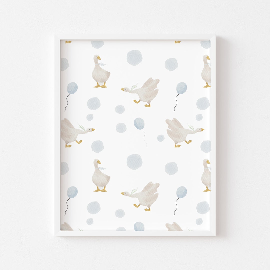 Blue Silly Goose Pattern Wall Art, Cottage Core Art, Whimsical Vintage ...